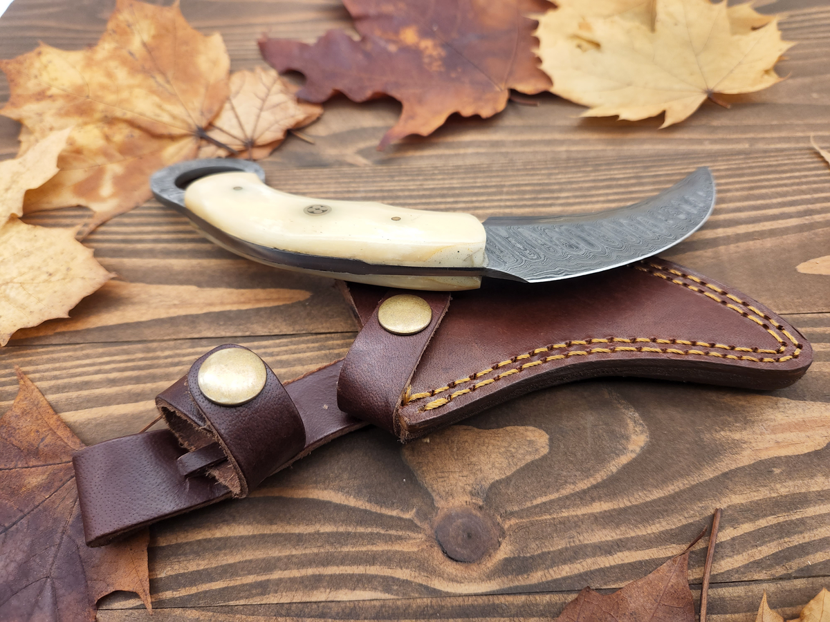 Damascus Steel Double Edge Karambit with Camel Bone Handle (Sylvester ...